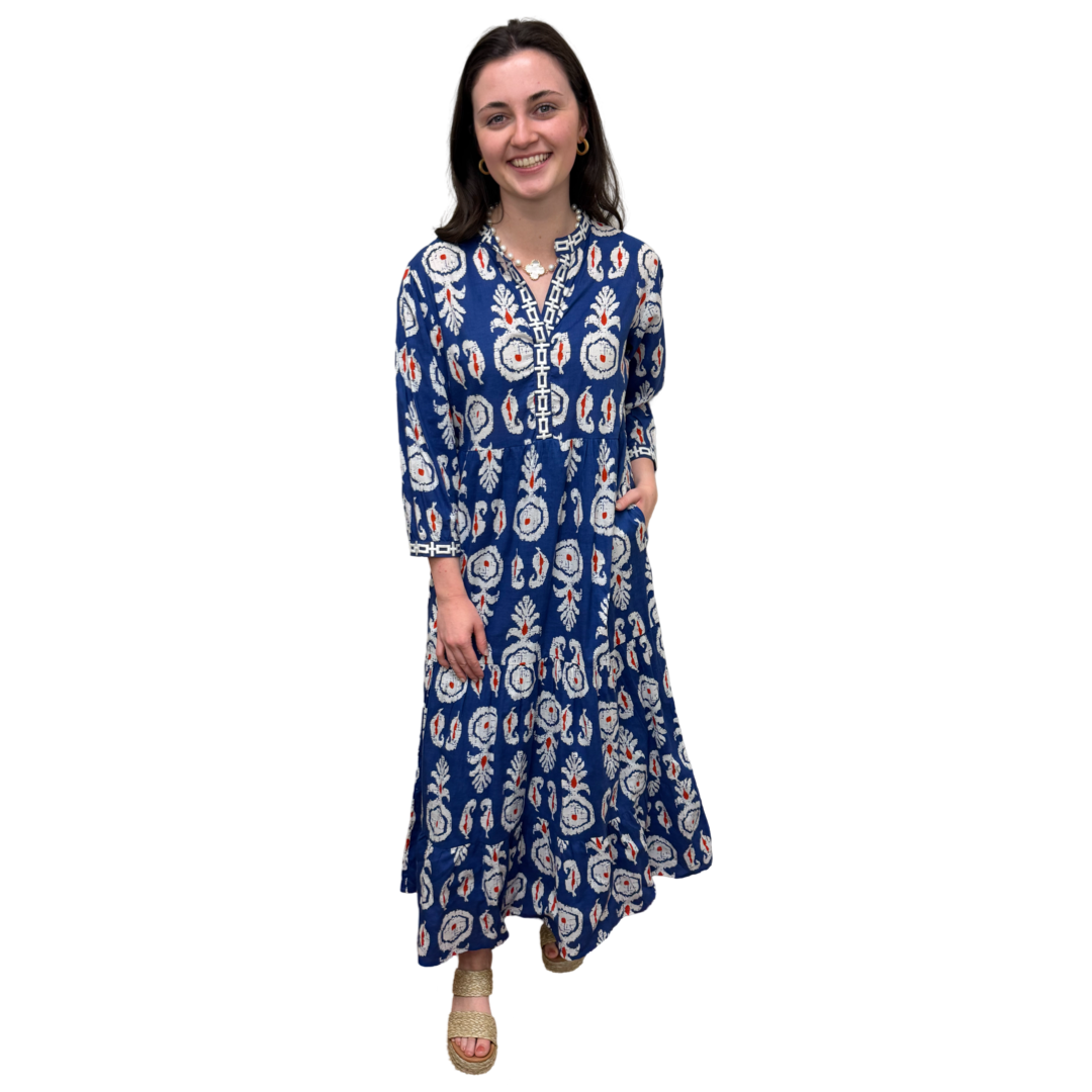 The Addison Embroidered Trim Notch Neck Dress in Blue and Coral – Liza Byrd