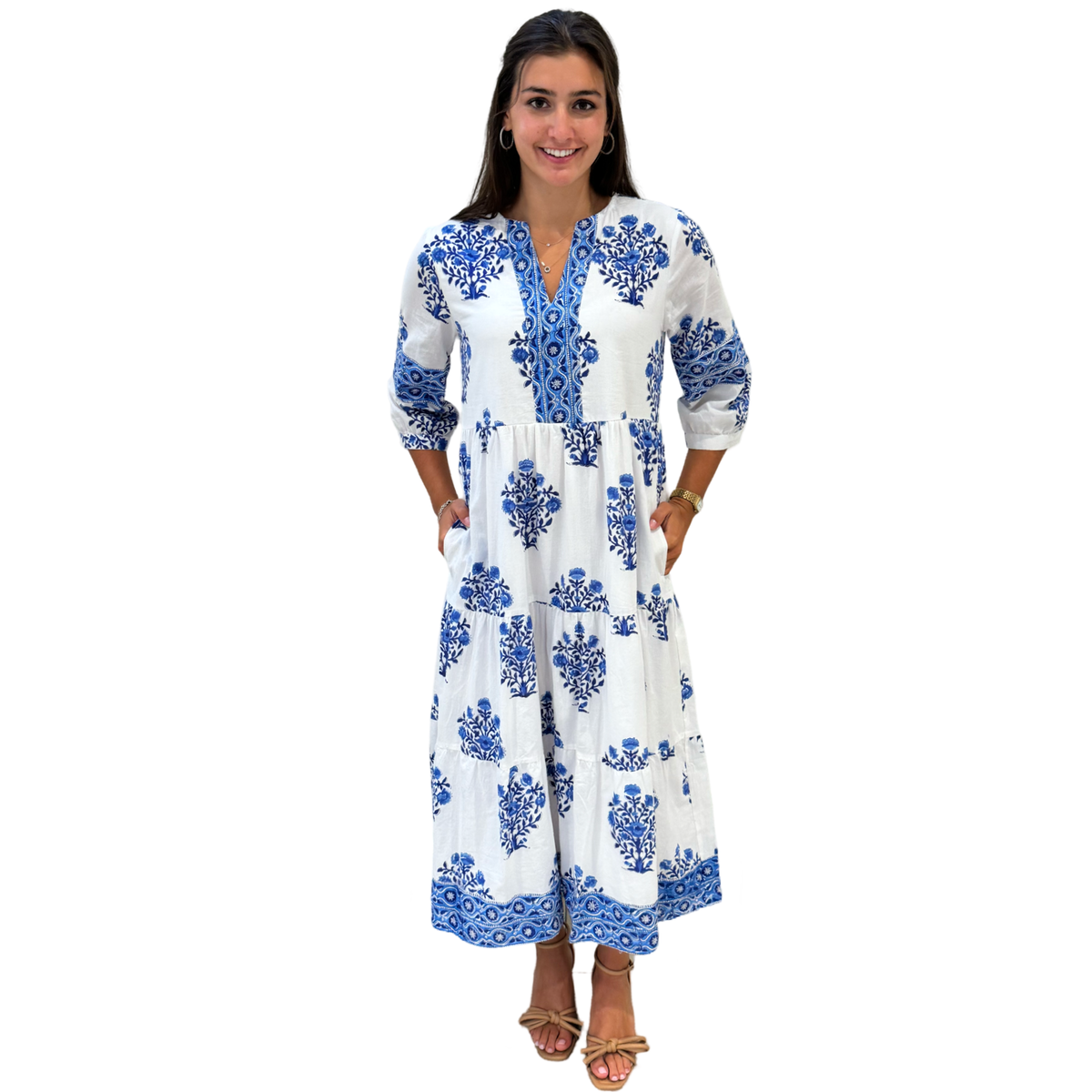The Evie Long Dress in Blue and White Border Trimmed Floral Hand-Block ...