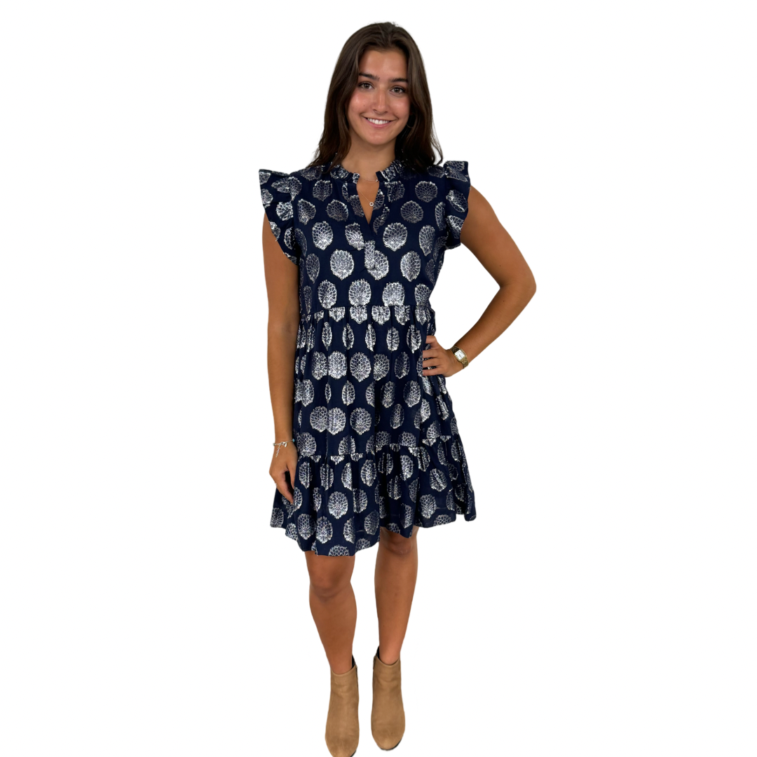 The Fiona Flutter Sleeve Dress in Navy and Silver – Liza Byrd