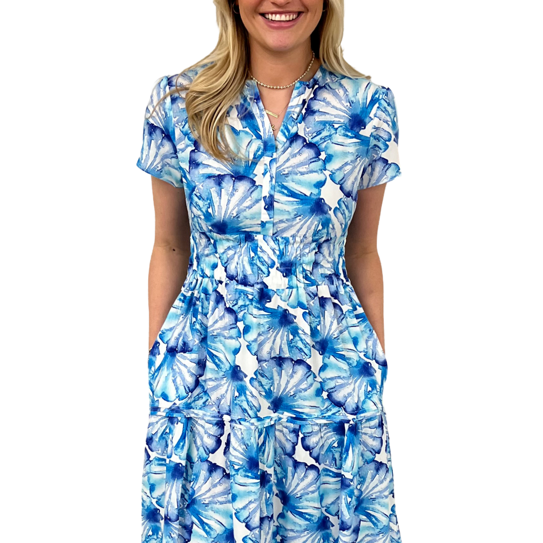 The Sydney Cinched Waist Blue White Shell Print Dress – Liza Byrd