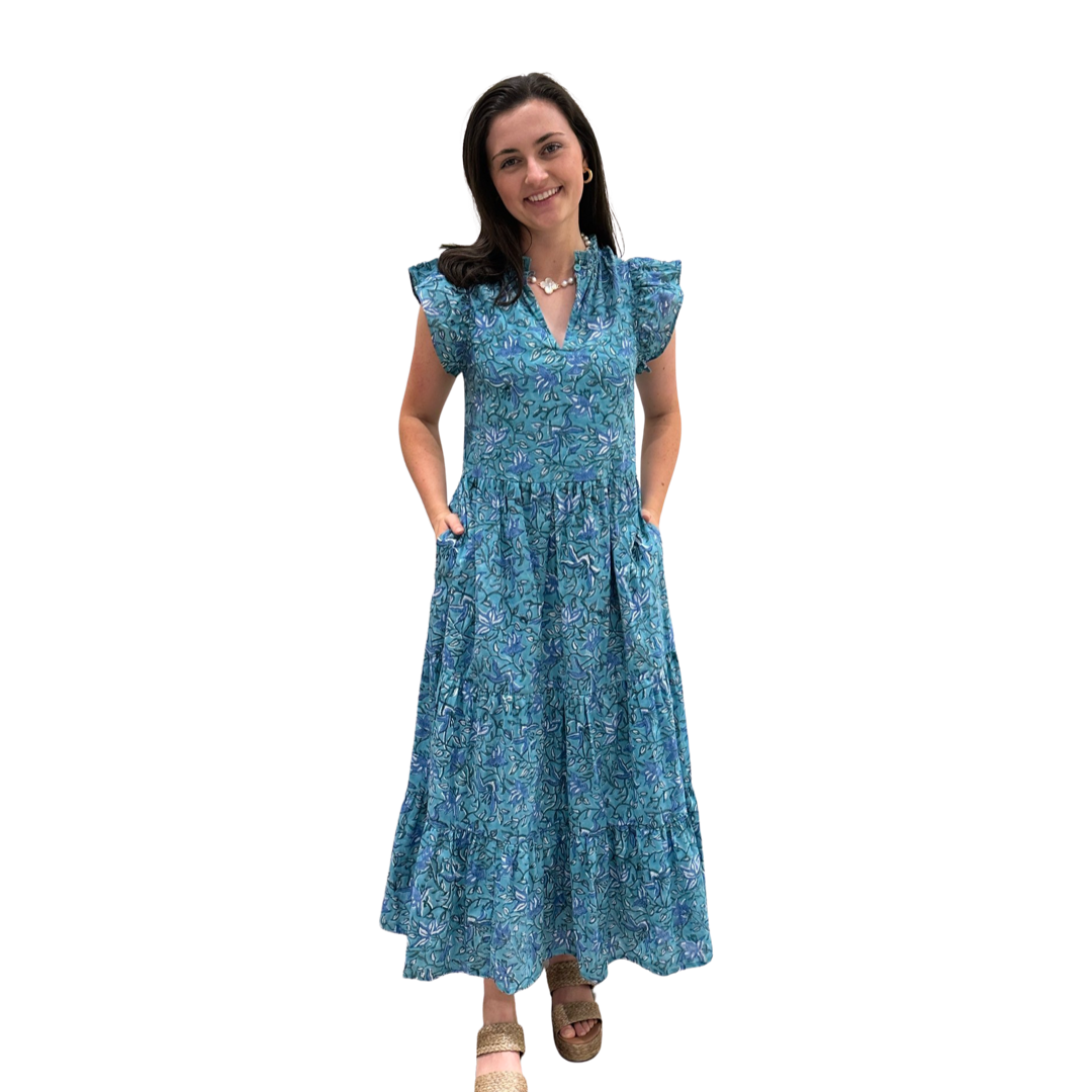 The Tinley Long Length Cotton Dress in Green and Blue Hand Block Flora ...