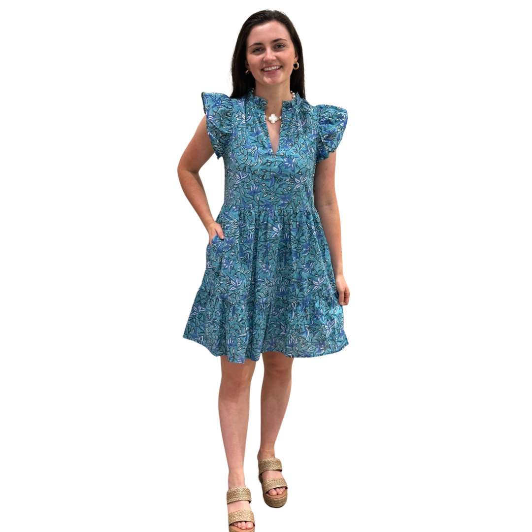 The Tinley Short Length Dress in Green and Blue Hand Block Floral ...