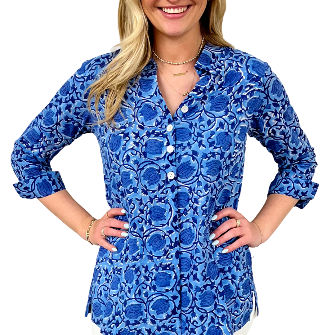 The Mason Button Back Cotton Block Print Top in Periwinkle and Blue ...