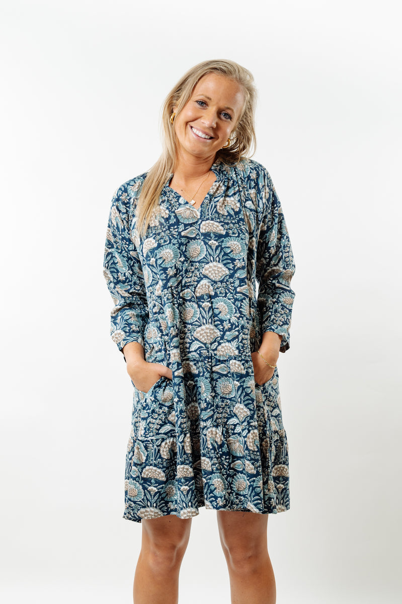 The Dahlia 3/4 Sleeve Block Print Cotton Dress in Navy and Beige Flora ...